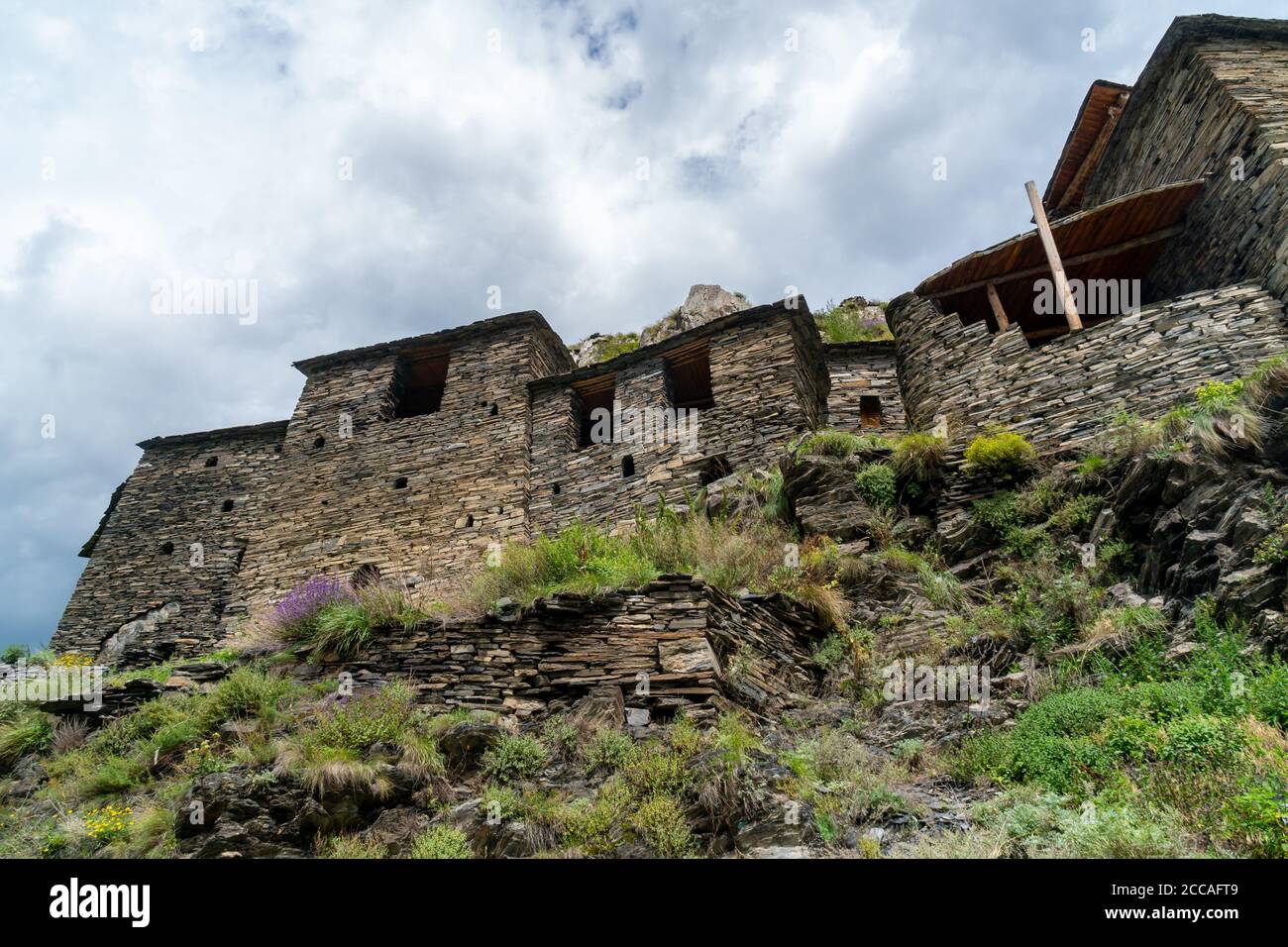 Ruined medieval village and fortress Mutso. Khevsureti, Georgia Stock ...