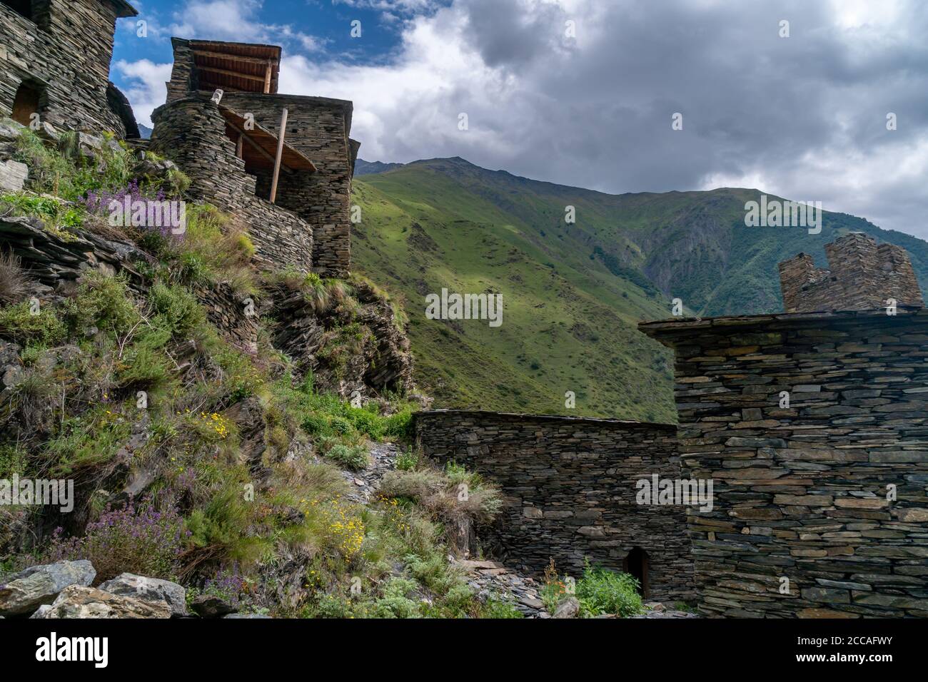 Ruined medieval village and fortress Mutso. Khevsureti, Georgia Stock ...