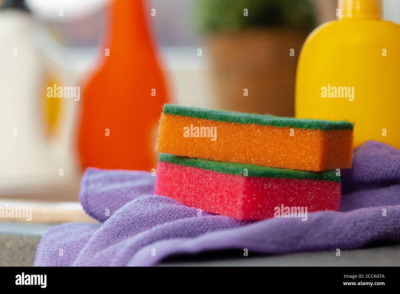 Cleaning sponge and rag on kitchen counter Stock Photo - Alamy