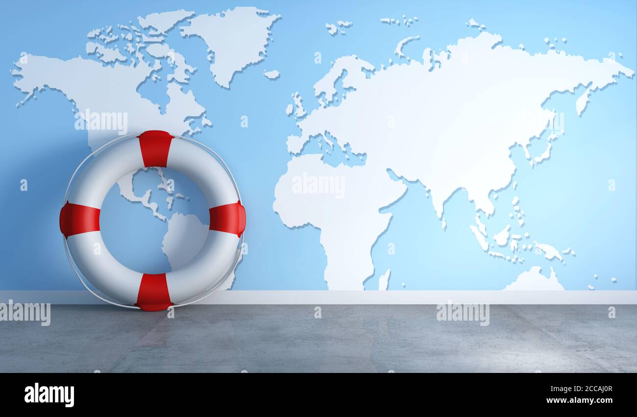 Ring lifebuoy on a blue background with a world map Stock Photo - Alamy