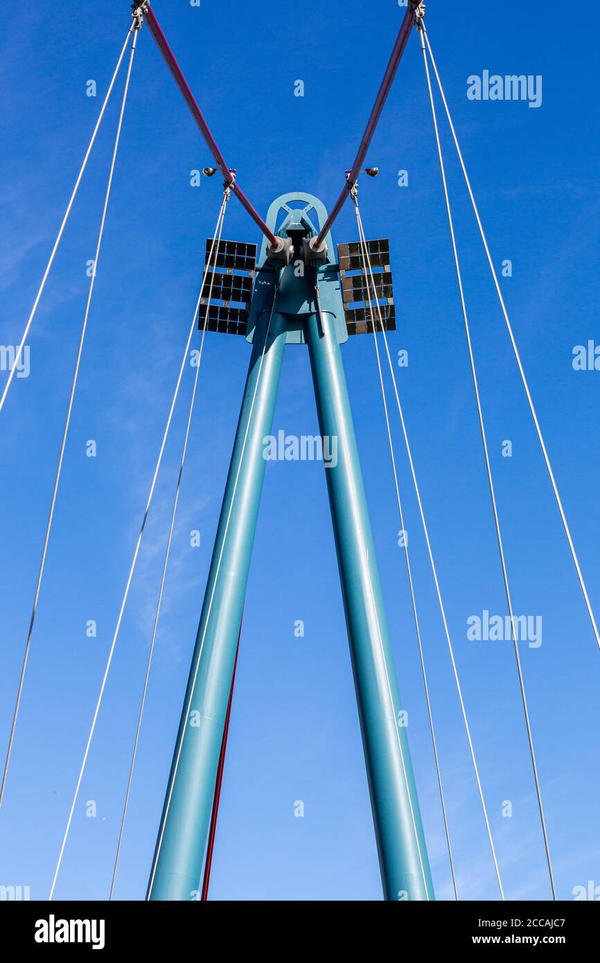 Steel supporting structure of the bridge. River crossing. Bridge pylons ...