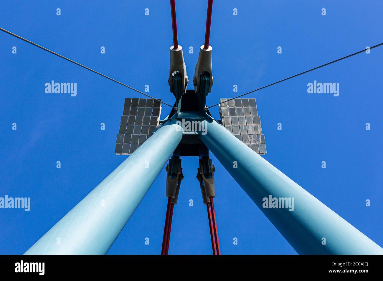 Steel supporting structure of the bridge. River crossing. Bridge pylons ...