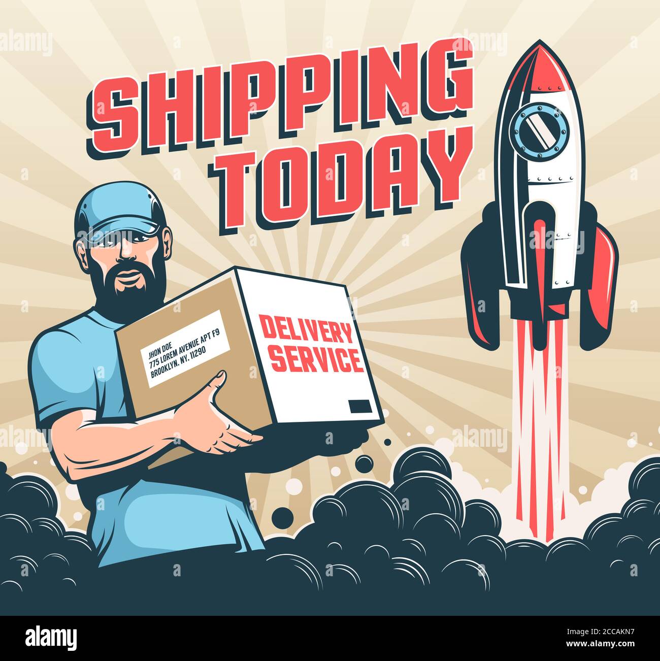 Delivery man with parcel box vintage poster Stock Vector Image & Art ...