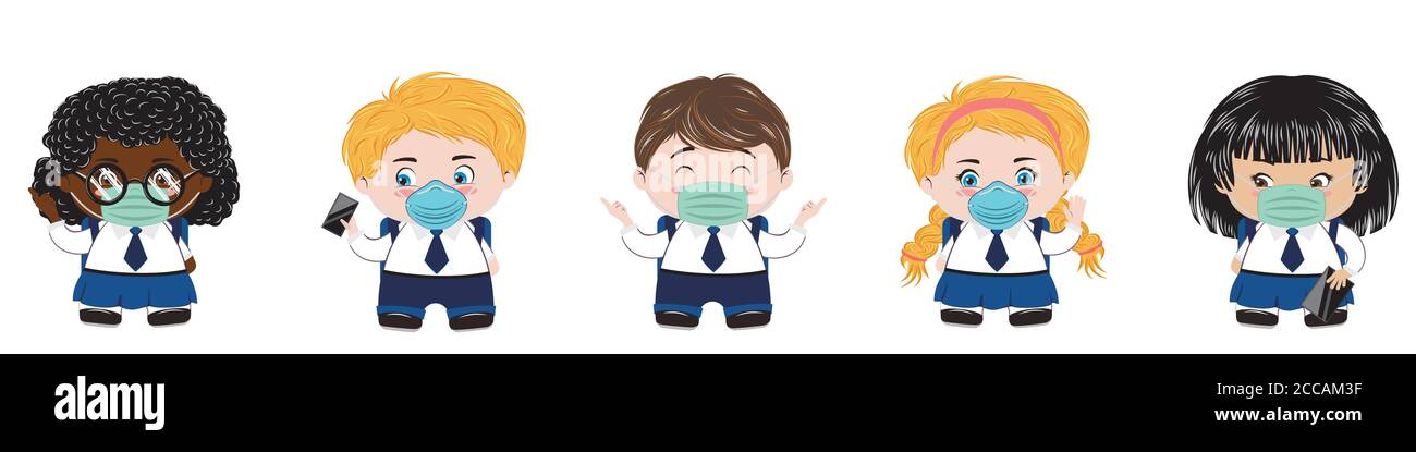 Back to school illustration with kids wears face mask on white ...
