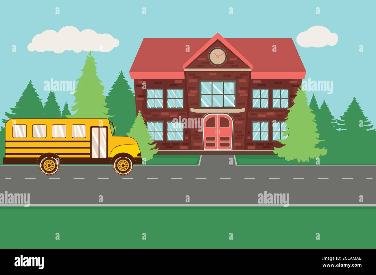 Rural school building and yellow bus illustration Stock Vector Image ...