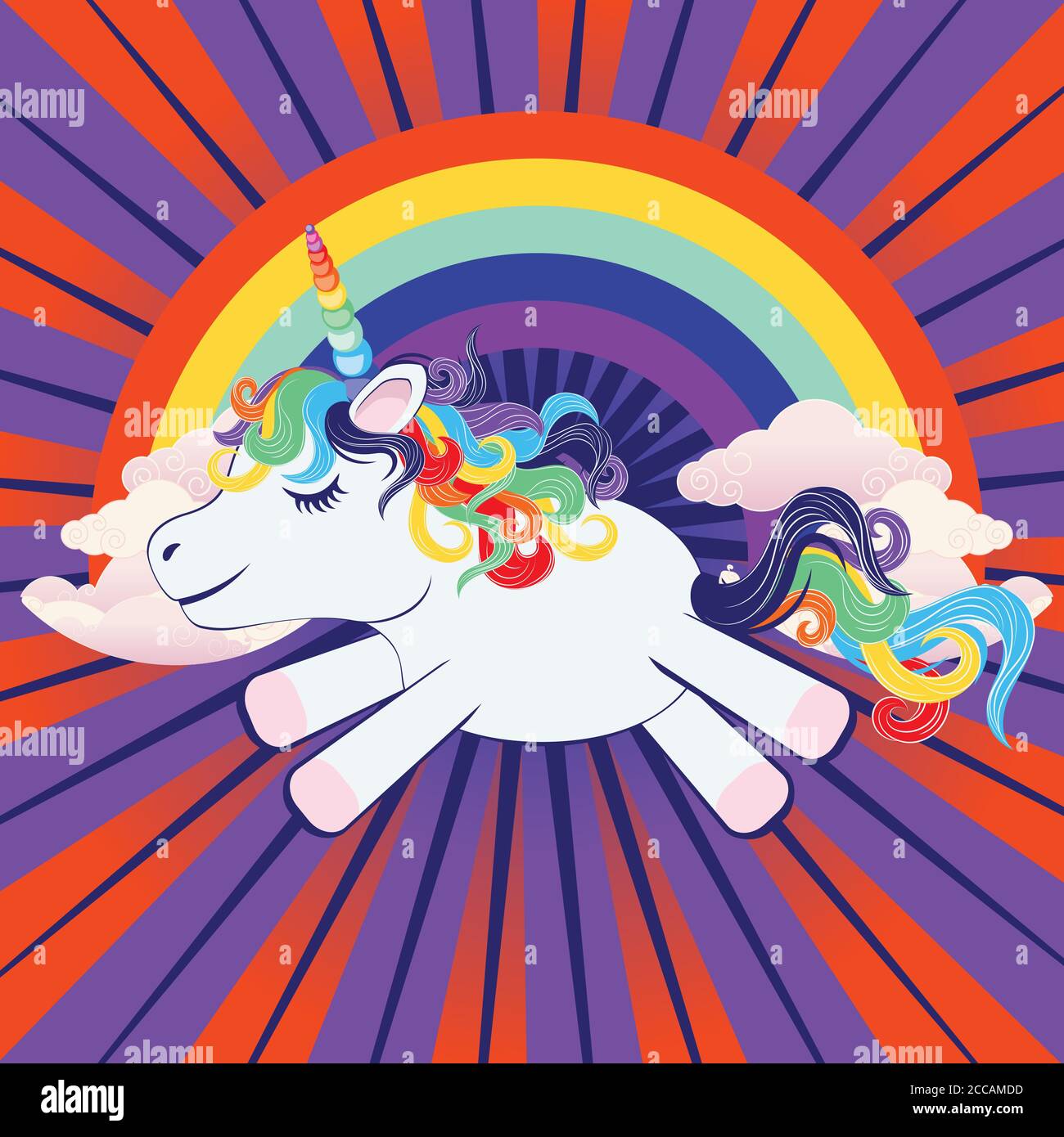 Cute cartoon unicorn with colorful rainbow illustration Stock Vector ...