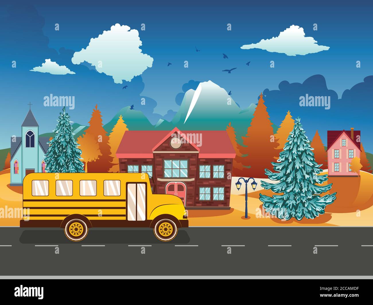 Rural school building and yellow bus illustration Stock Vector Image ...