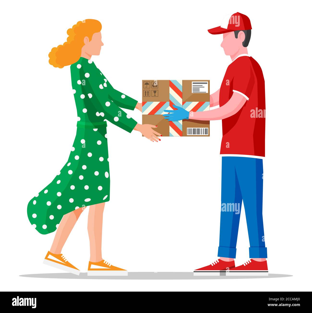 Woman receive cardboard box from man. Courier character holds parcel in ...