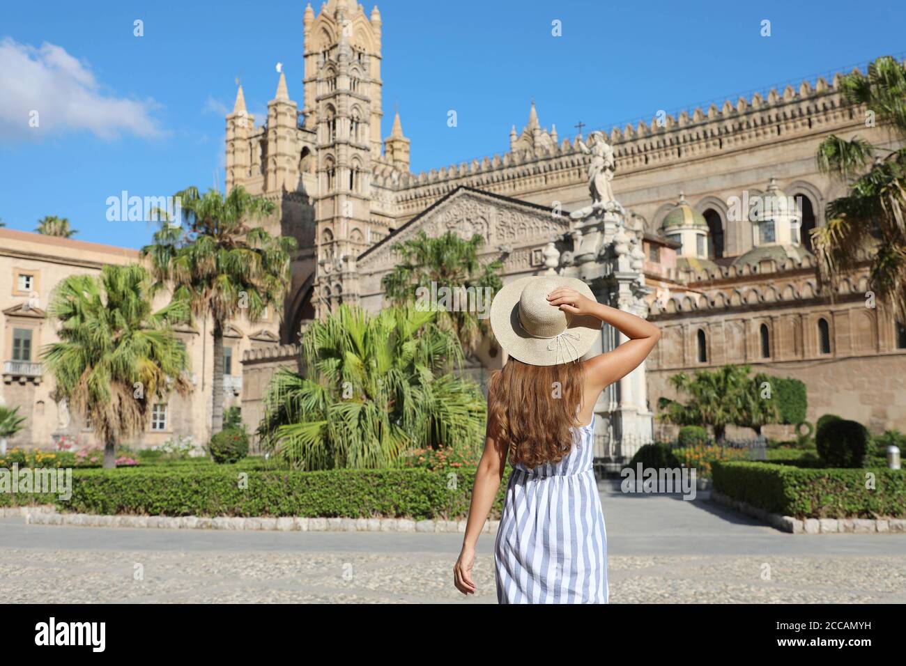 Beautiful girl visiting Palermo Cathedral in Sicily. Summer holidays in ...