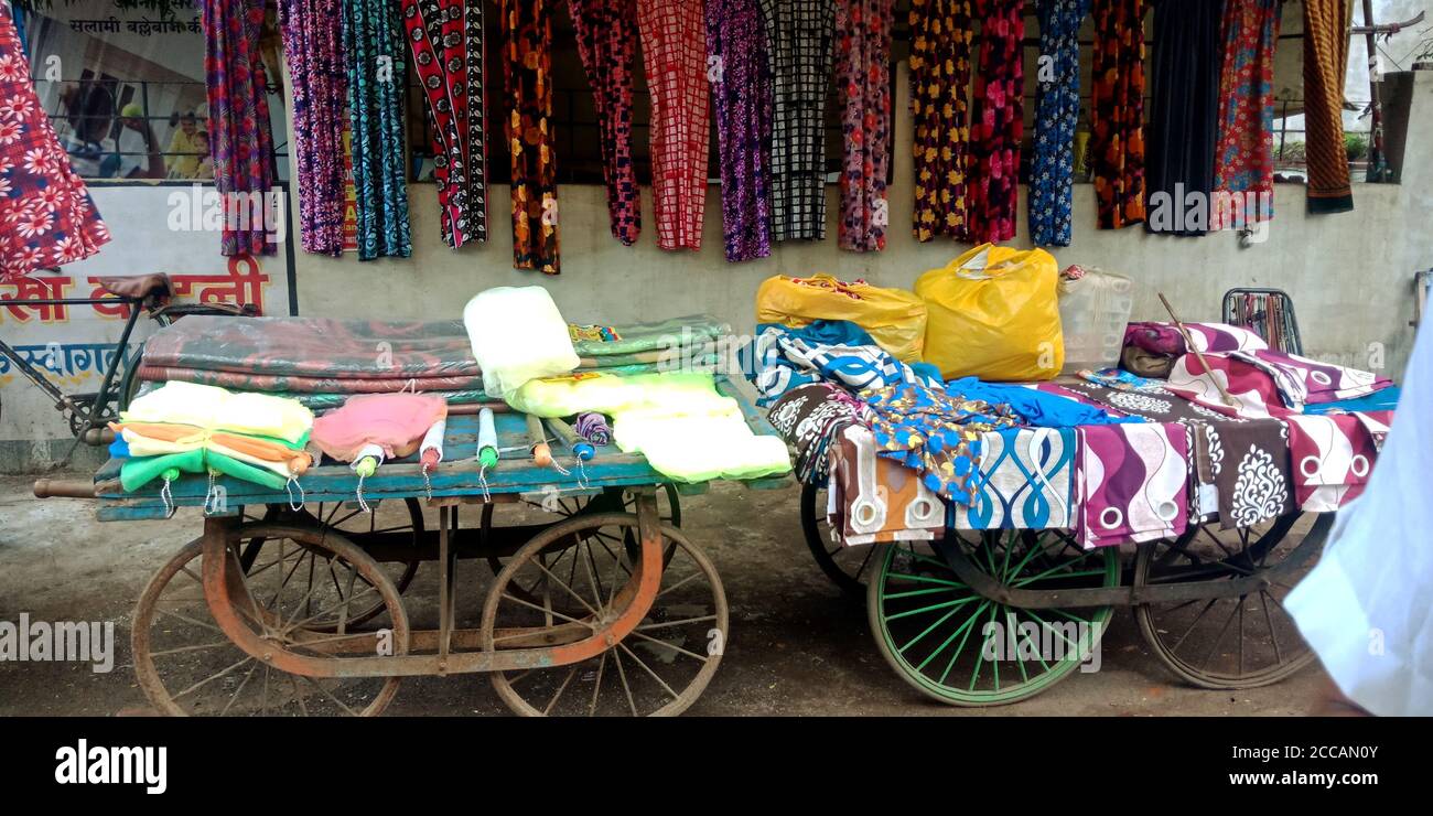 DISTRICT KATNI, INDIA - JULY 29, 2019: Indian street cloths display on ...