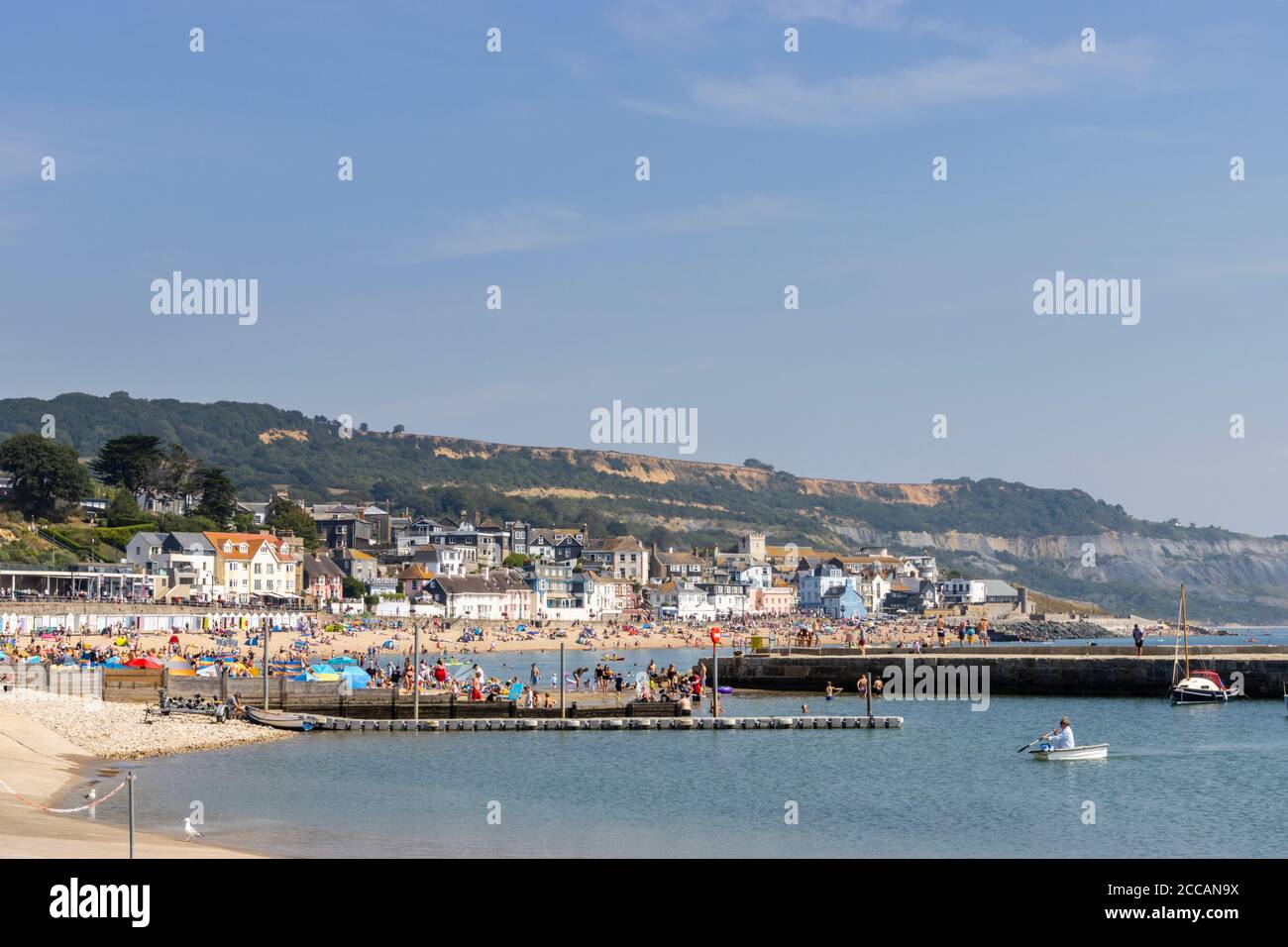 View from the Cobb of the beach and waterfront at Lyme Regis, a popular ...