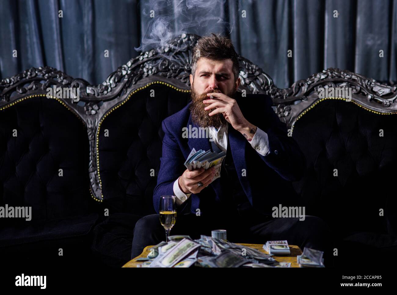 thoughtful, selective, investor smoke cigar, fume, hold glass with wine ...