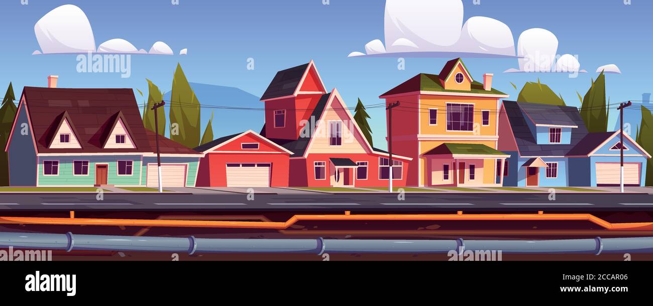 Suburb houses and underground pipeline. Sewer and plumbing system under ...