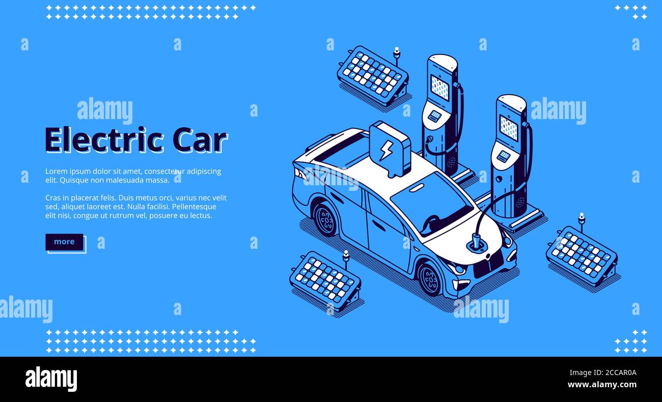 Electric car banner. Automobile on charger station with plug in cable ...