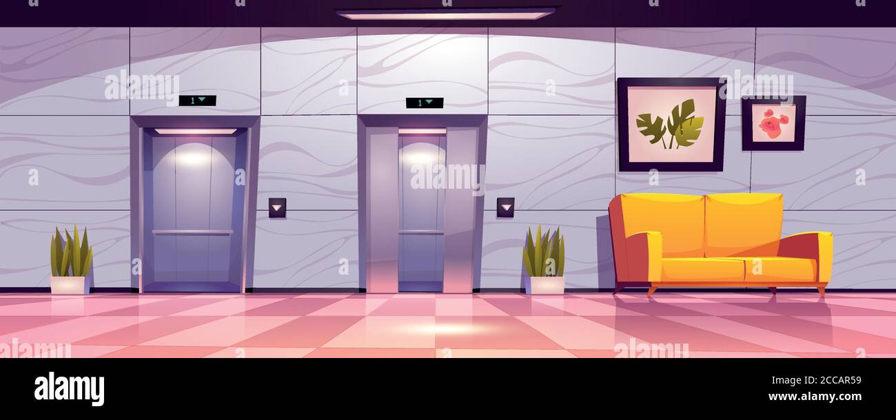 Hallway with lift doors, empty lobby interior with couch, slightly ajar ...