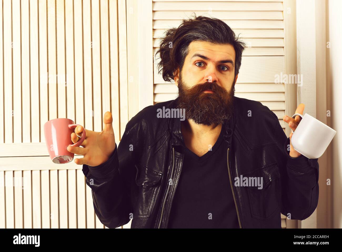 Bearded man, long beard. Brutal caucasian surprised hipster with ...