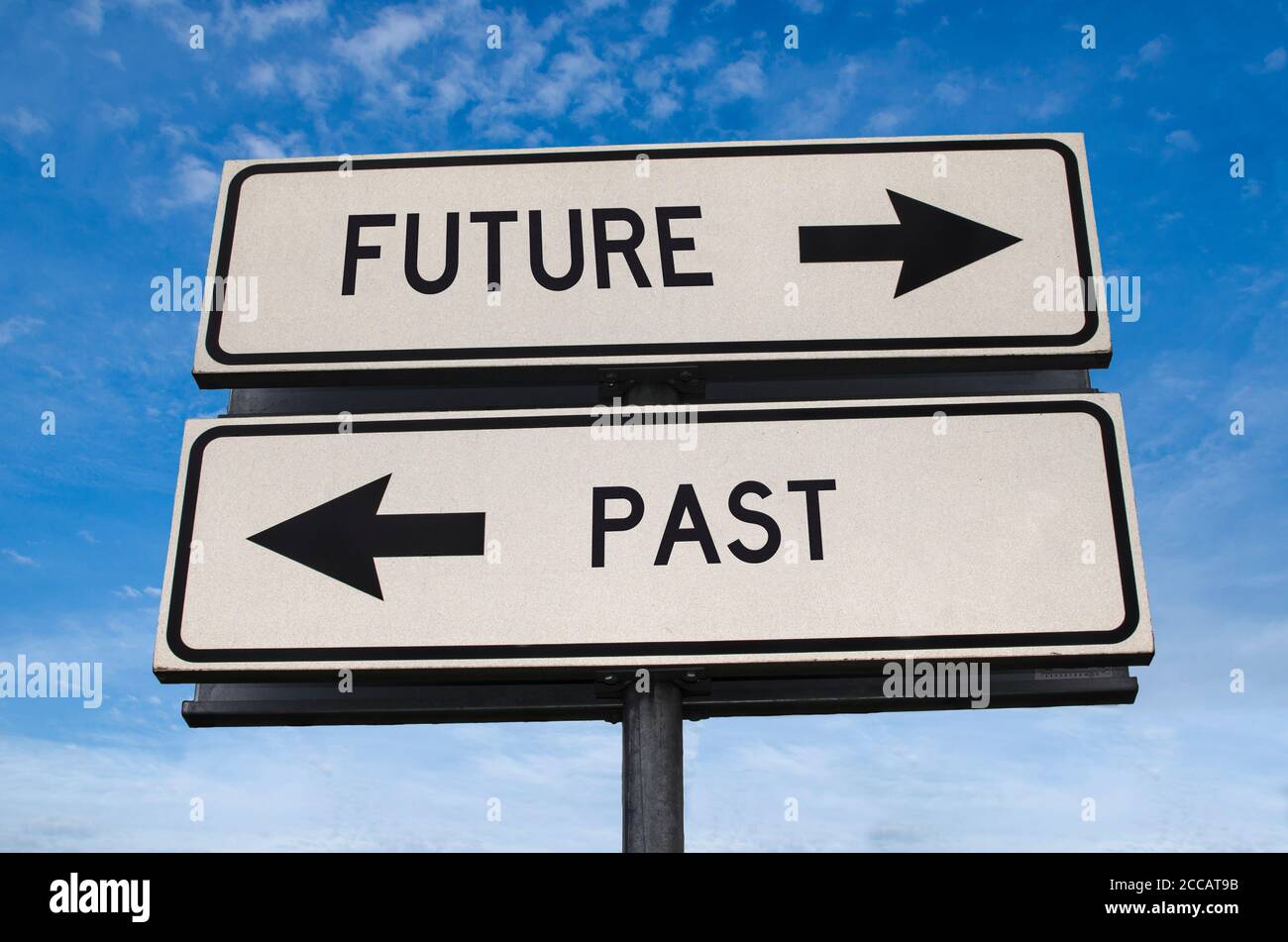 Future versus past road sign. White two street signs with arrow on ...