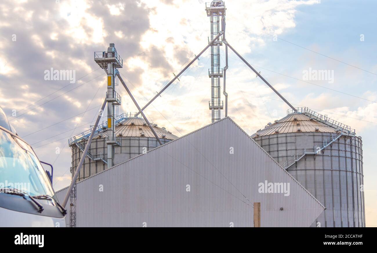 Metallic warehouse. Grain storage silo. Soy deposit. Infrastructure for ...