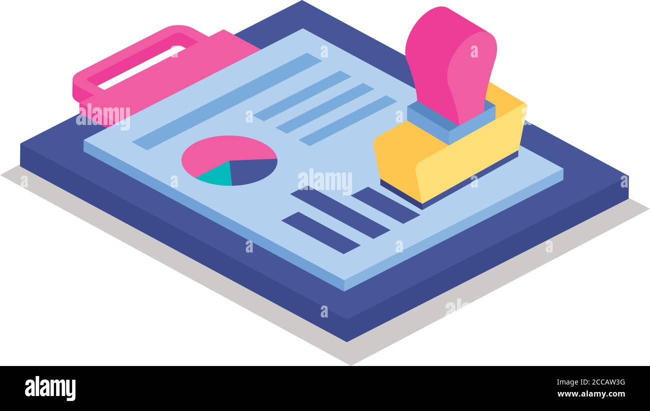 Bars chart in checklist with seal isometric line style icon vector ...