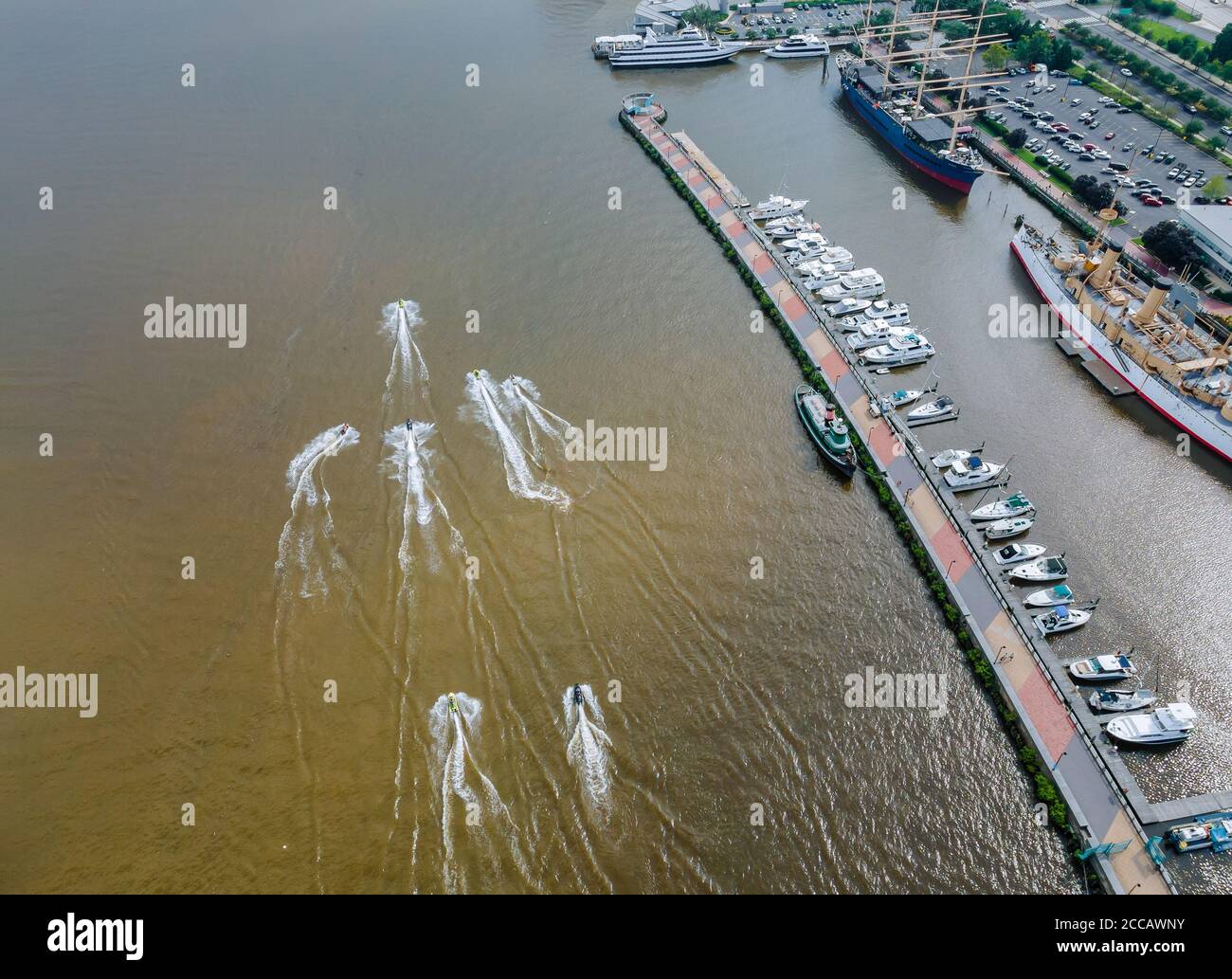 Aerial view of the Delaware river with boardwalk along the in the ...