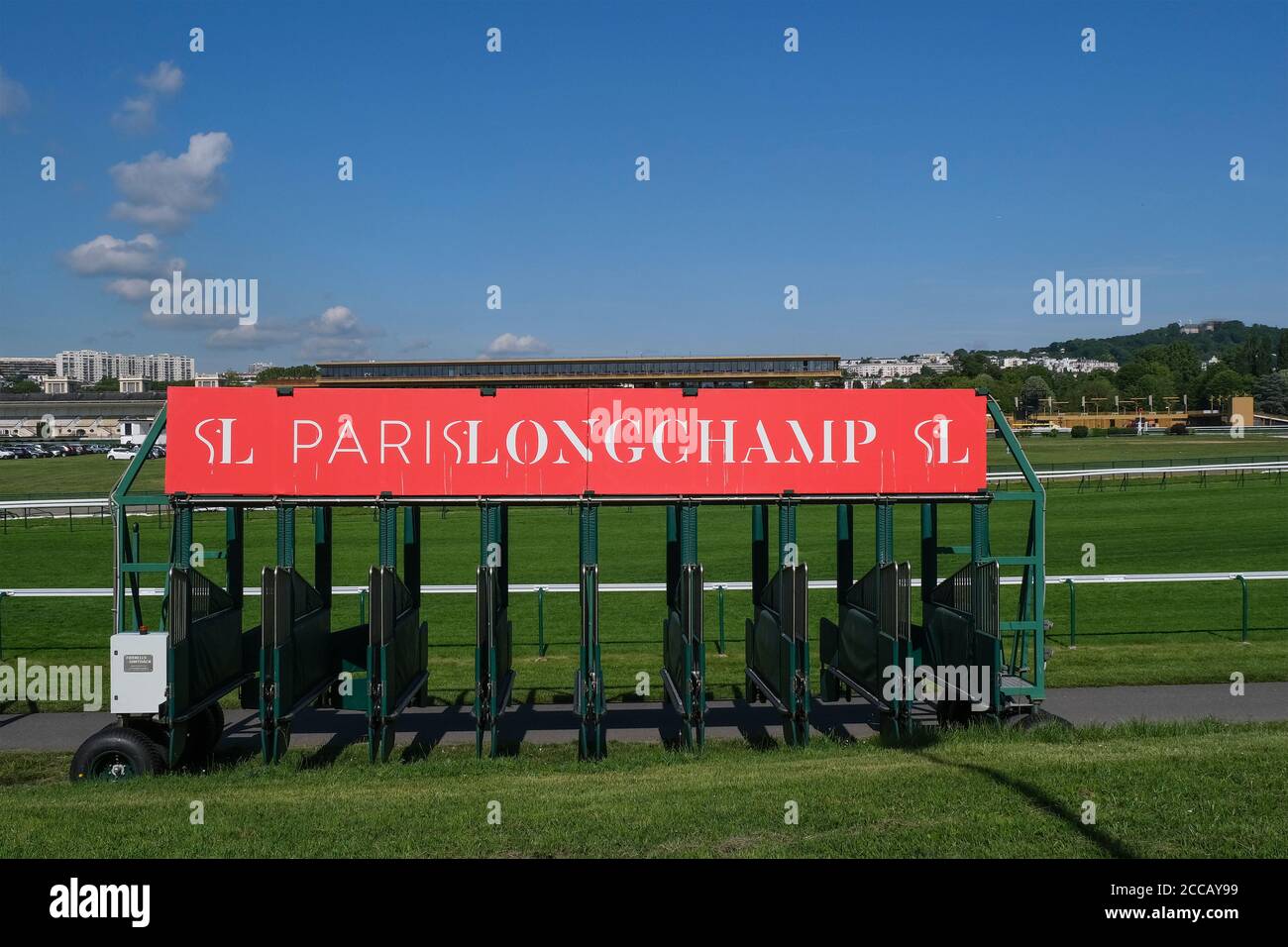 Empty horse racing start box at the Hippodrome de Longchamp in Paris ...