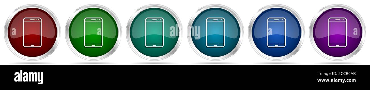 Smartphone, mobile phone icons, set of silver metallic glossy web ...