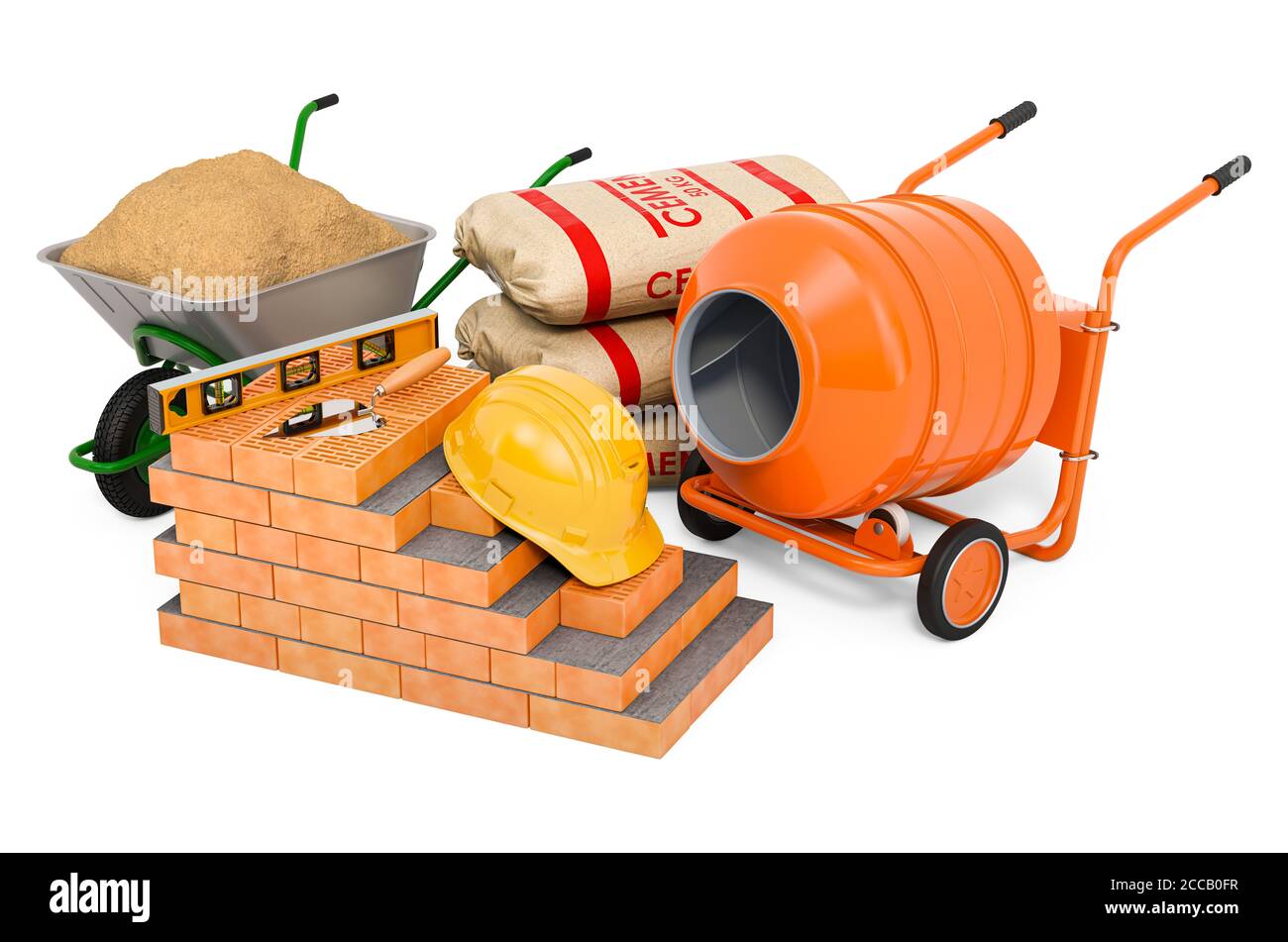 Construction concept. Building materials and equipment, 3D rendering ...