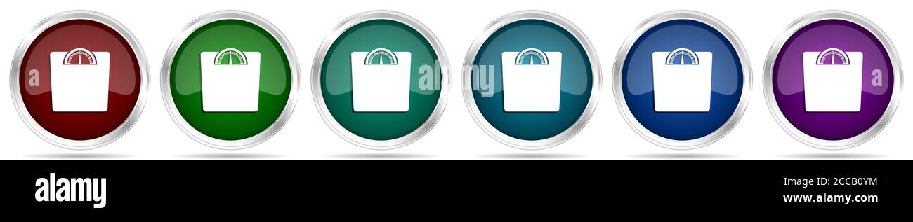 Weight icons, set of silver metallic glossy web buttons in 6 color ...