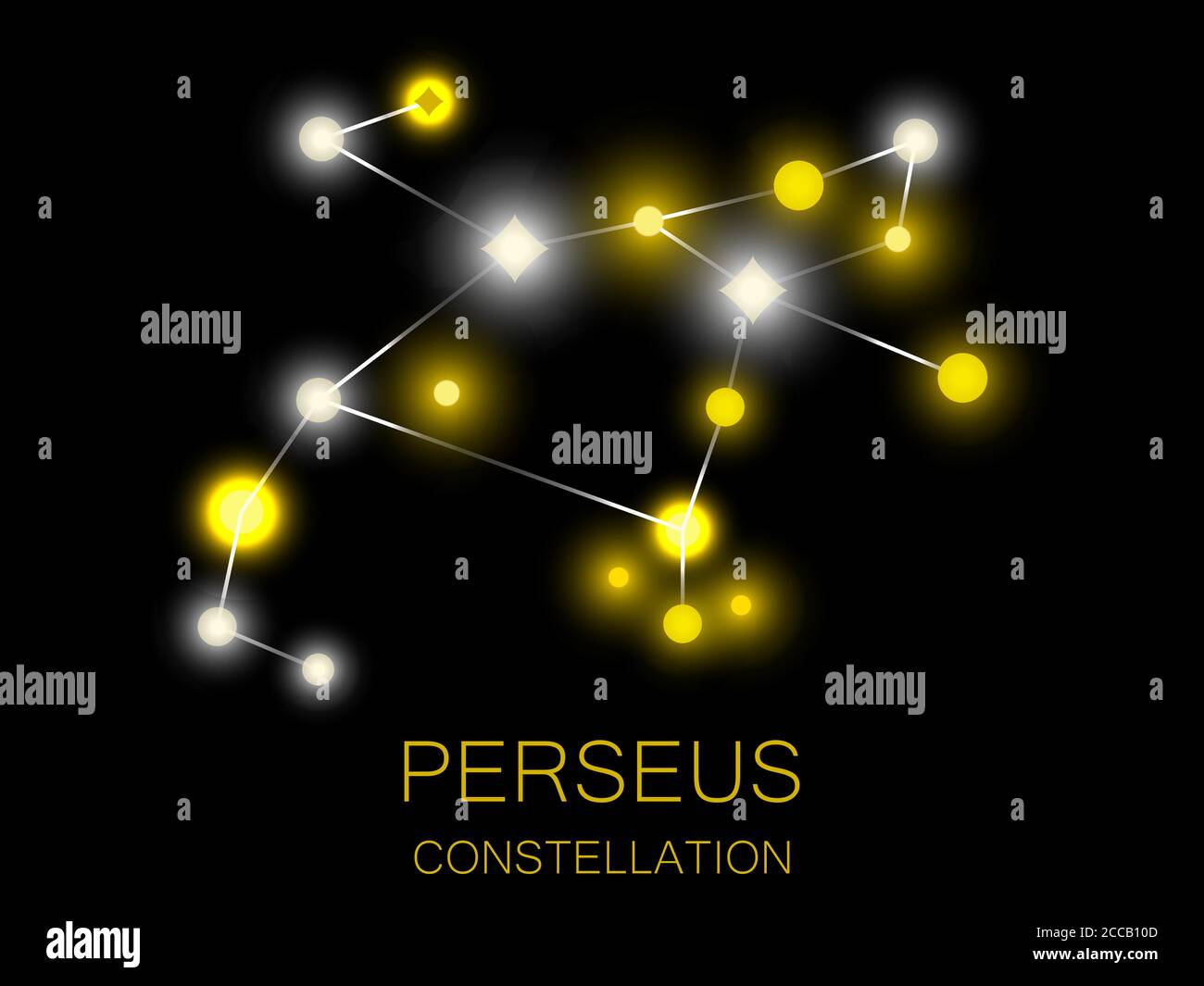 Perseus constellation. Bright yellow stars in the night sky. A cluster ...