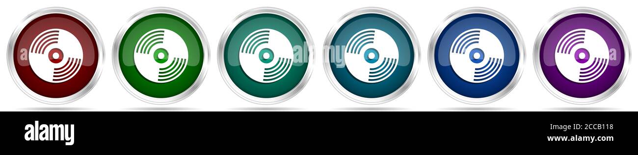 Vinyl music icons, set of silver metallic glossy web buttons in 6 color ...