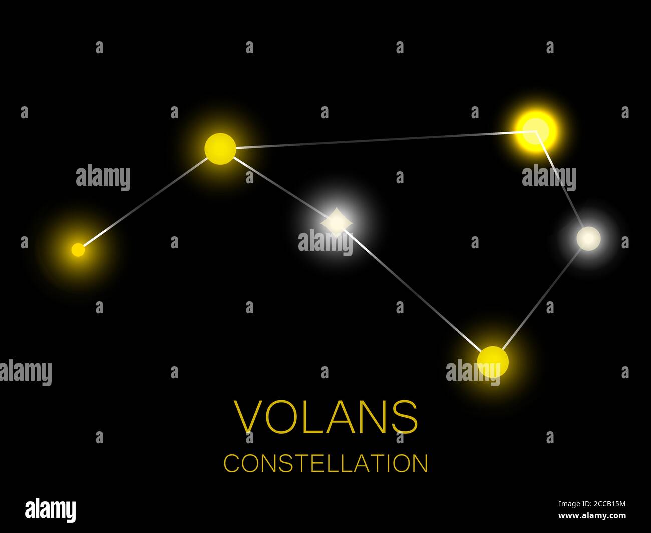 Volans constellation. Bright yellow stars in the night sky. A cluster ...