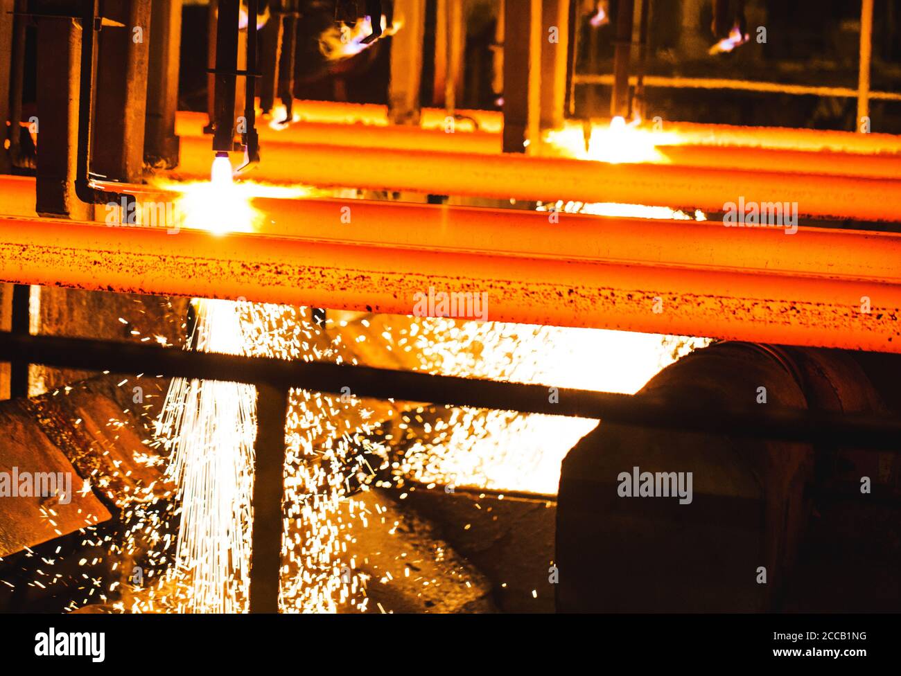 Steel Billets at Torch Cutting, Hot billet bloom continuous casting ...