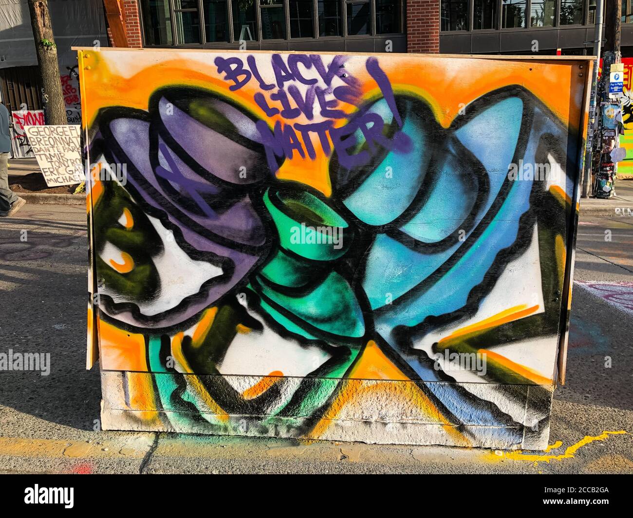 Seattle, USA – Jun 17, 2020: Signs and art at CHAZ late in the day on ...