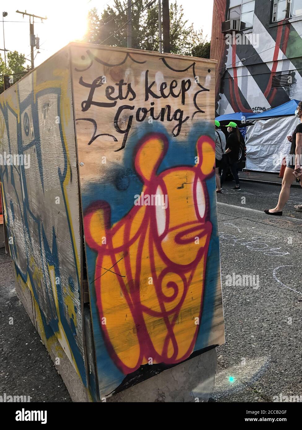 Seattle, USA – Jun 17, 2020: Signs and art at CHAZ late in the day on ...