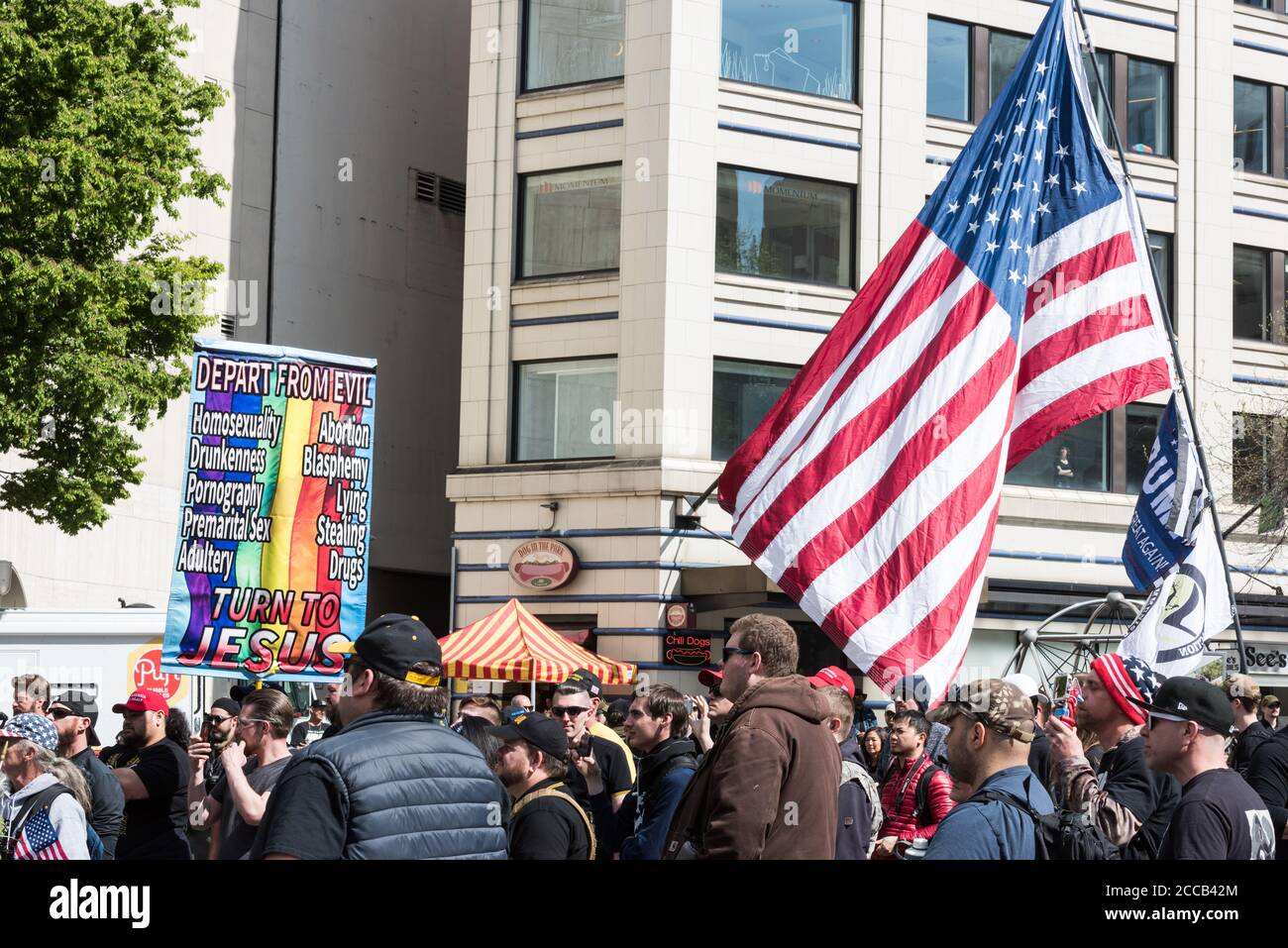 Seattle, USA - May 1st, 2018: Pro-Trump Rally late in the day in ...