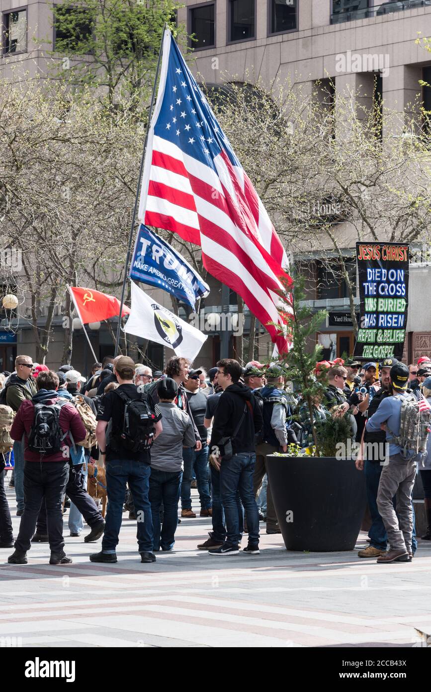 Seattle, USA - May 1st, 2018: Pro-Trump Rally late in the day in ...