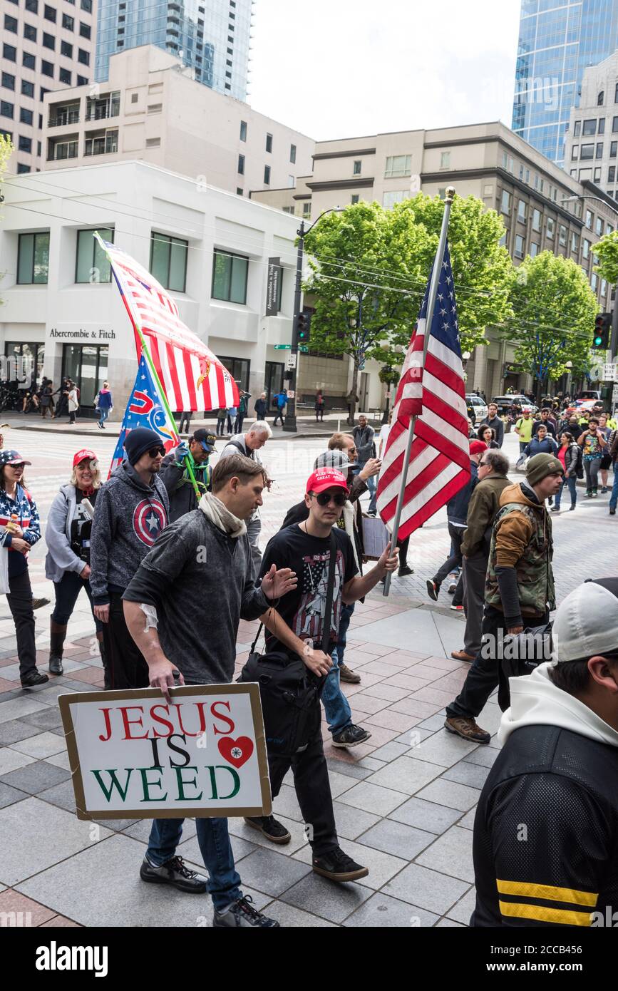Seattle, USA - May 1st, 2018: Pro-Trump Rally late in the day in ...