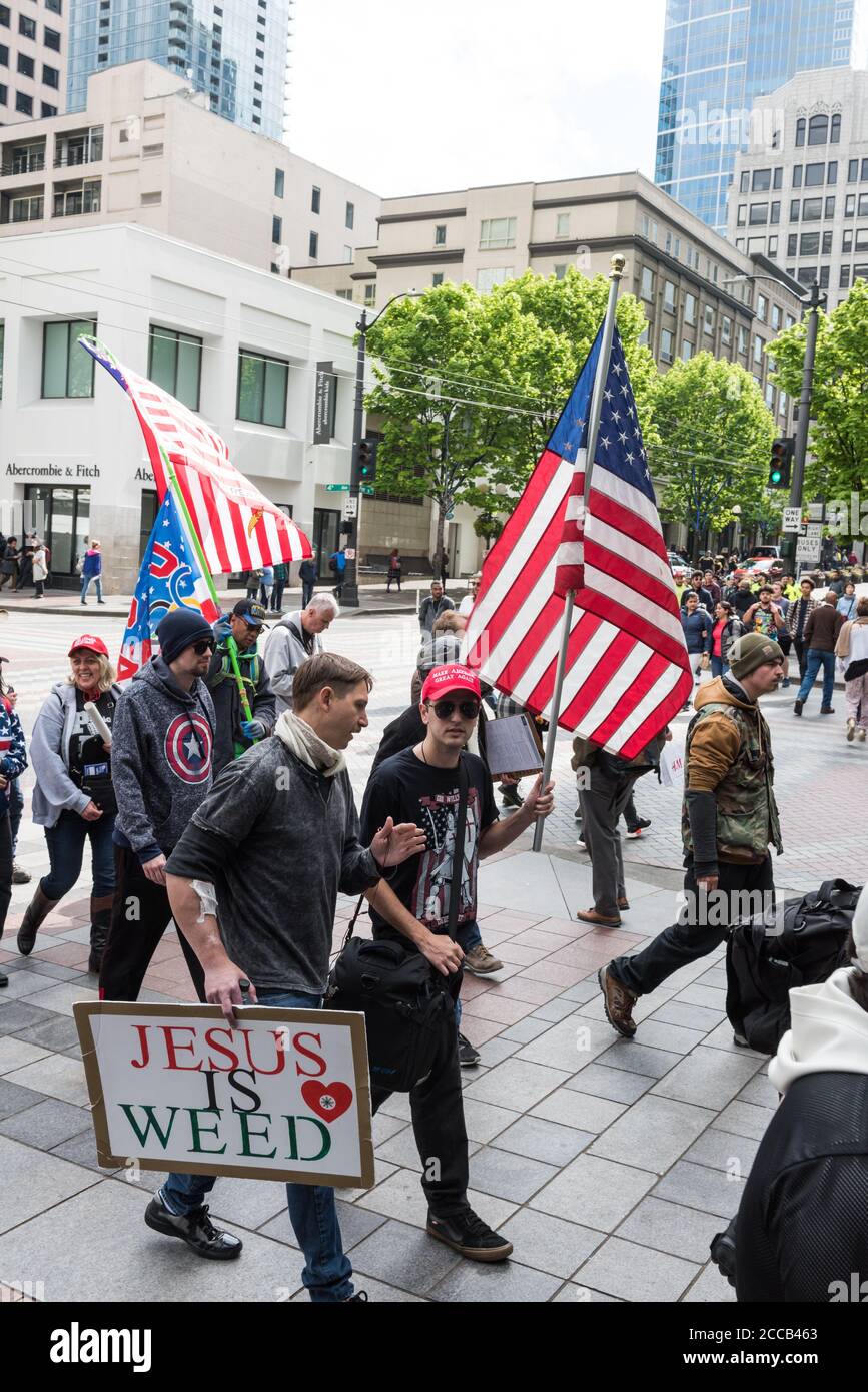 Seattle, USA - May 1st, 2018: Pro-Trump Rally late in the day in ...