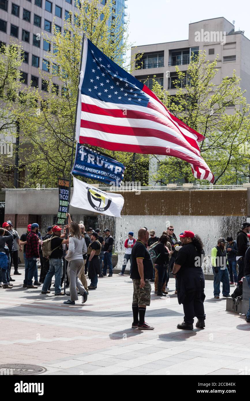 Seattle, USA - May 1st, 2018: A Proud Boy Pro-Trump Rally late in the ...