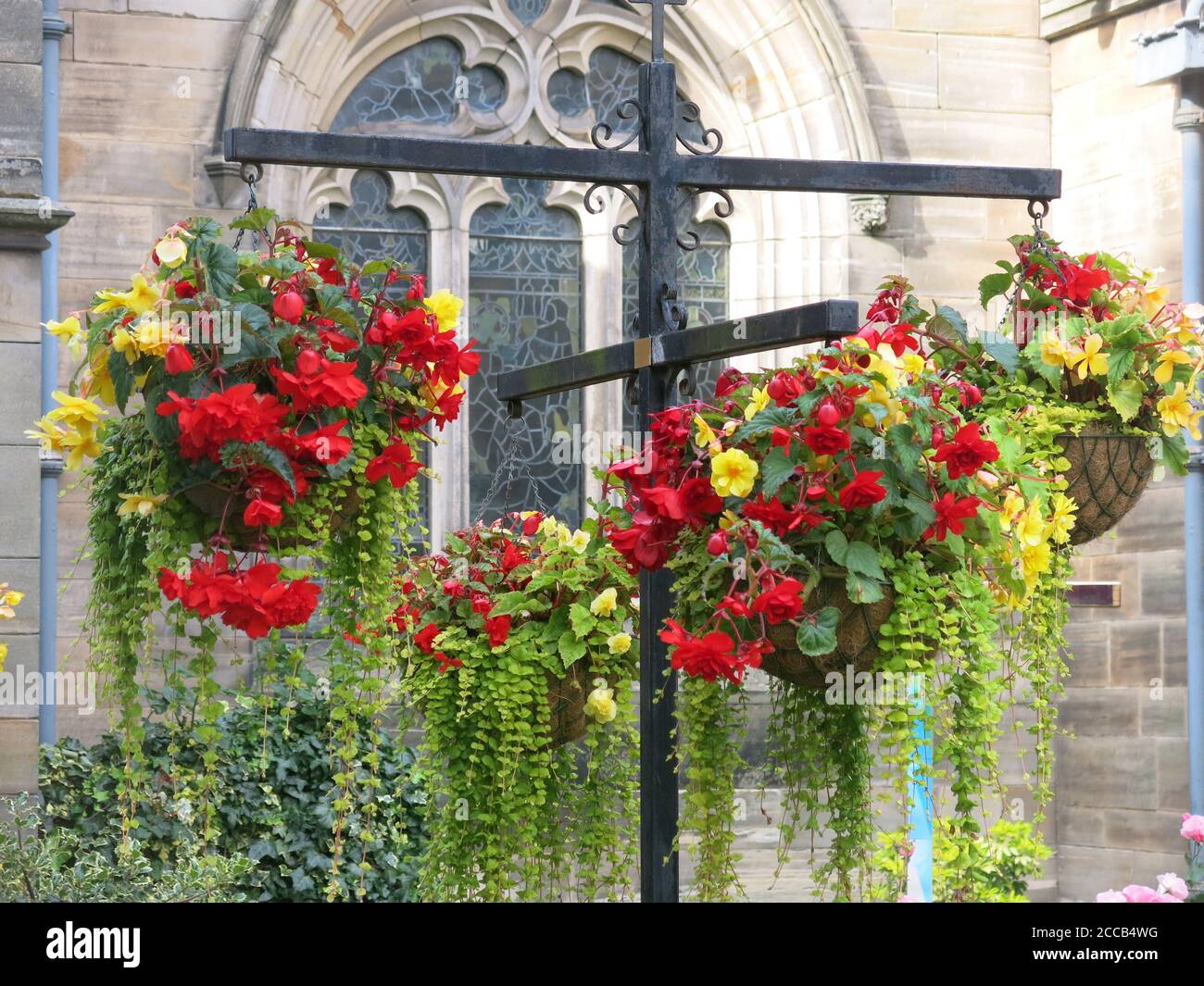 A summer planting scheme of red and yellow for the beautiful hanging ...