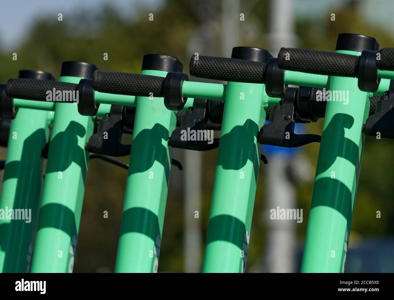 Bucharest, Romania - August 10, 2020: Bolt electric scooters are parked ...