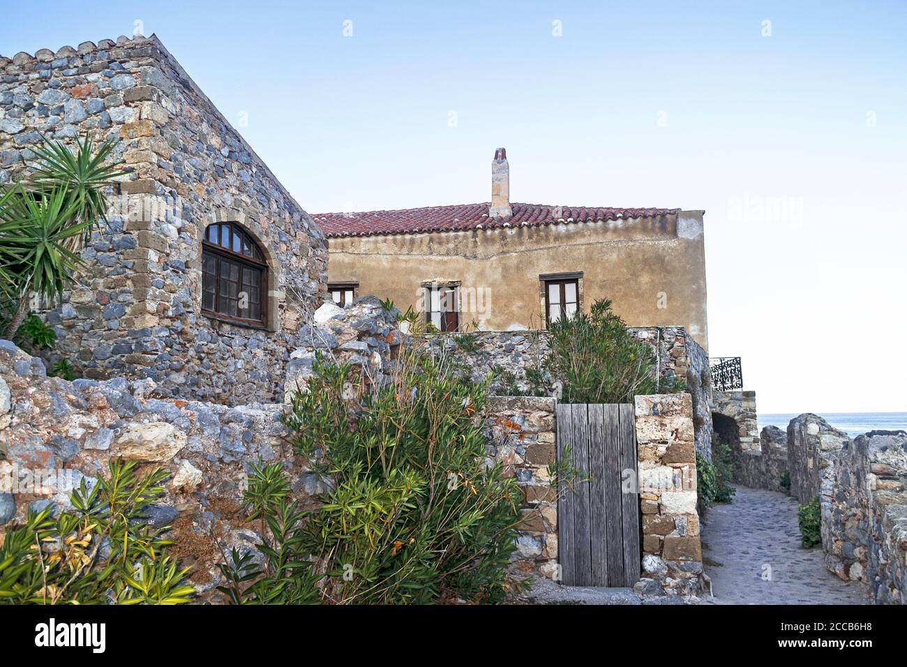 traditional old stone houses at Monemvasia Laconia Peloponnese Greece ...