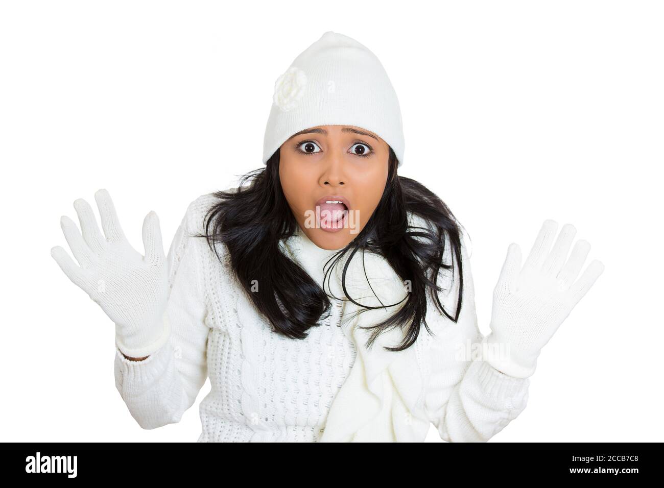 Closeup portrait of young, beautiful, shocked woman wearing winter gear ...