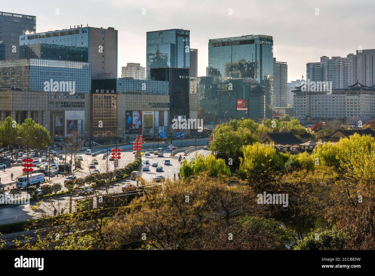 View of high rise modern city buildings and shopping malls in the ...
