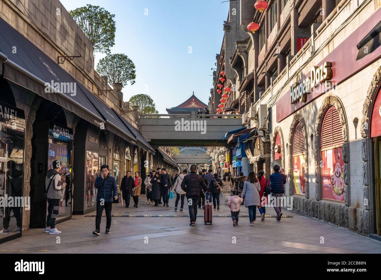Shopping street with malls in the downtown area near the famous Bell ...