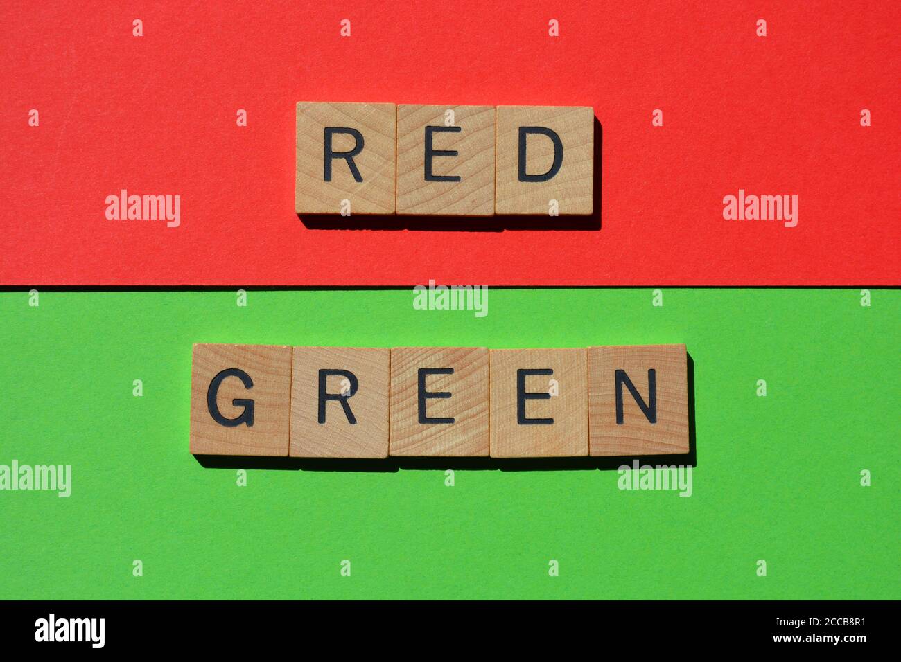 Red and Green, words in wooden alphabet letters on coloured background ...