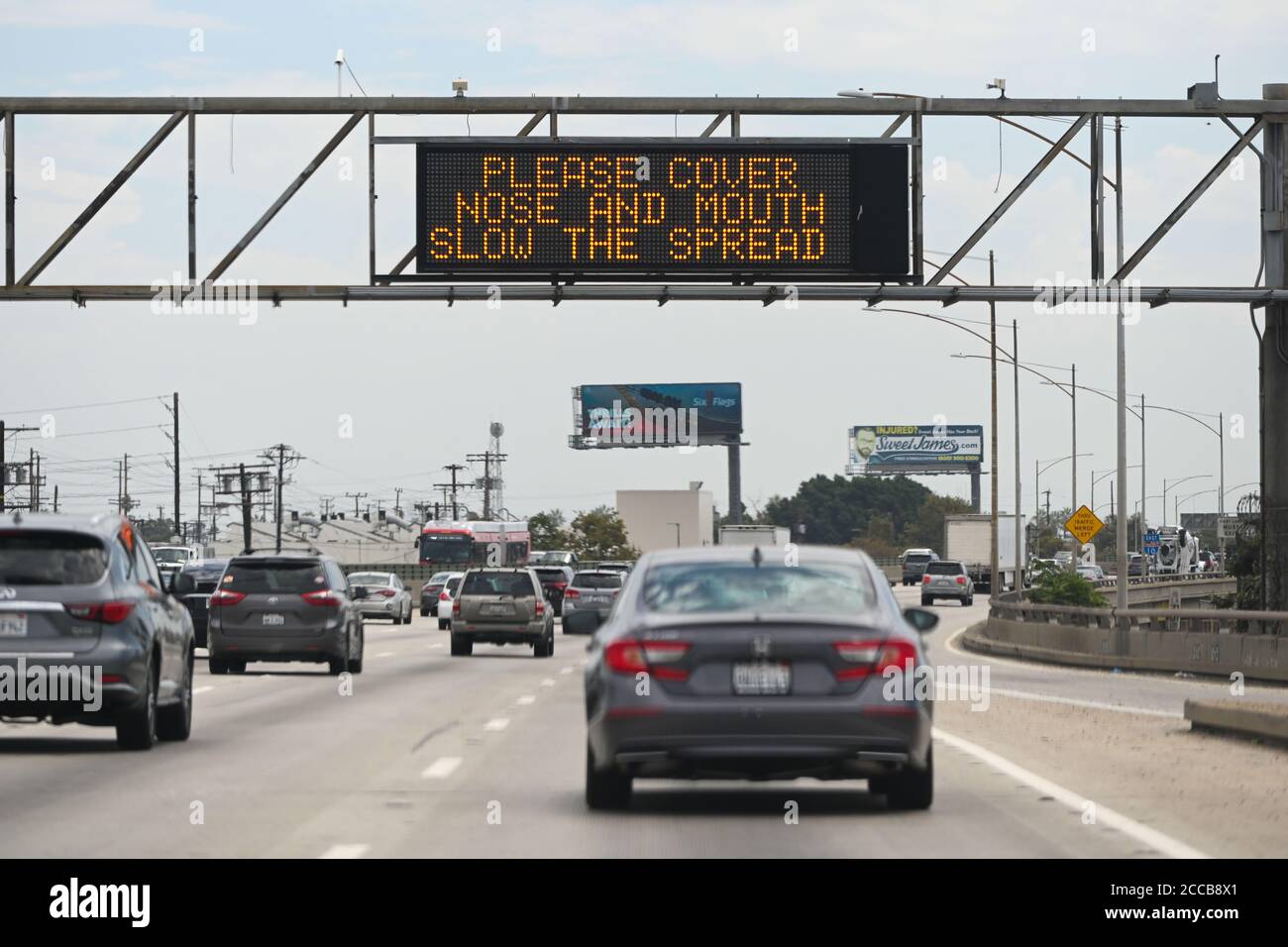 Los Angeles, United States. 15th Aug, 2020. A Caltrans message board is ...
