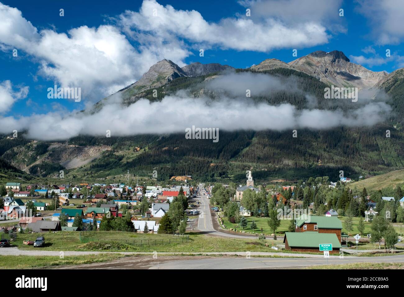 View of the town of Silverton, Colorado nestled in a valley in the San ...