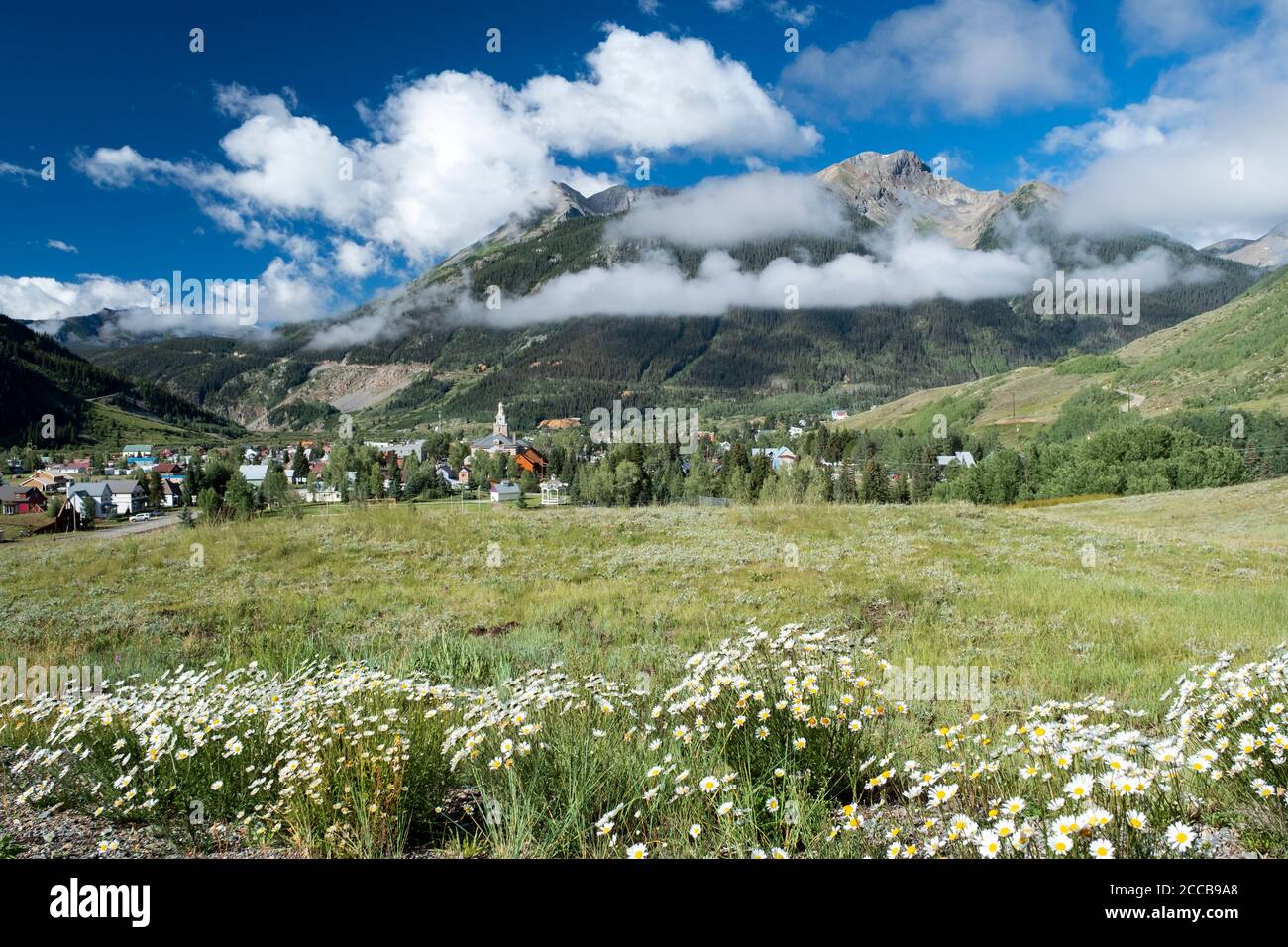 View of the town of Silverton, Colorado nestled in a valley in the San ...