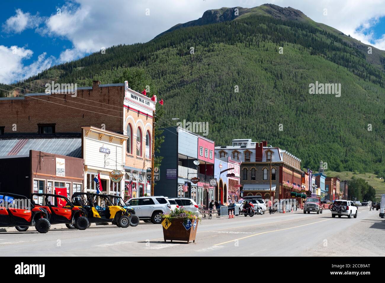 Historic mining town of Silverton, Colorado looking down Greene Street ...